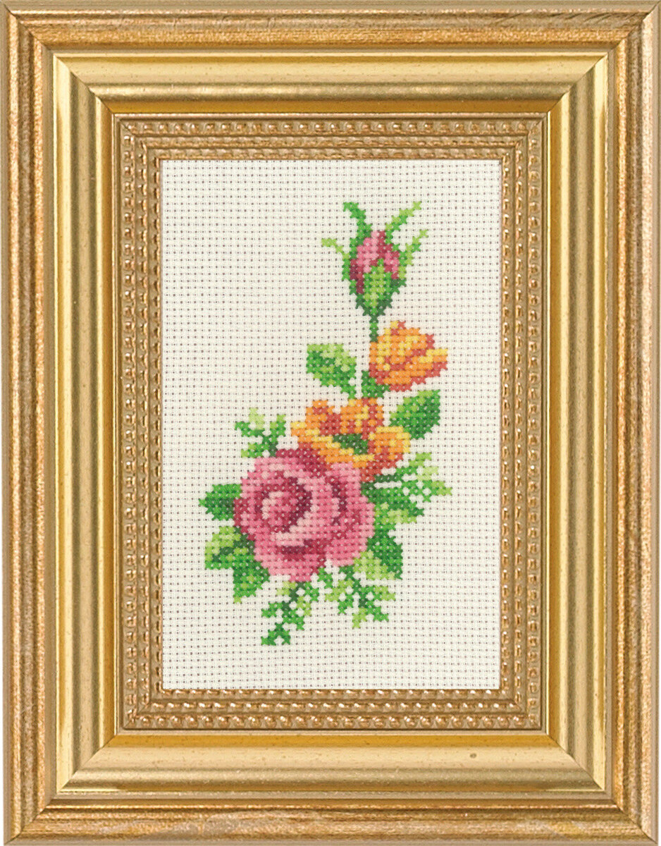 Rose og gule blomster 9x14cm – Elegant broderi. Køb her